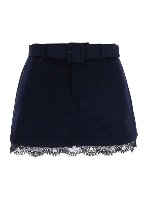SELF-PORTRAIT Blue Skirt With Lace Details And Waist Belt In Wool Blend - Multicolor