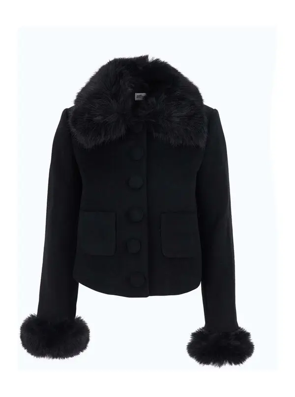 SELF-PORTRAIT Black Jacket With Fur Cuffs And Notched Collar, In Wool, Black - Multicolor