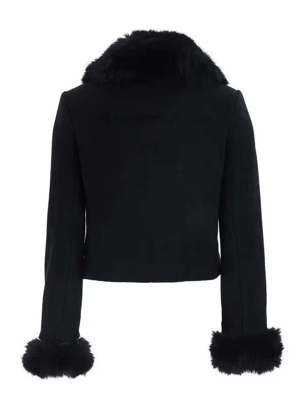 SELF-PORTRAIT Black Jacket With Eco-fur Details And Front Pockets In Wool Blend - Multicolor