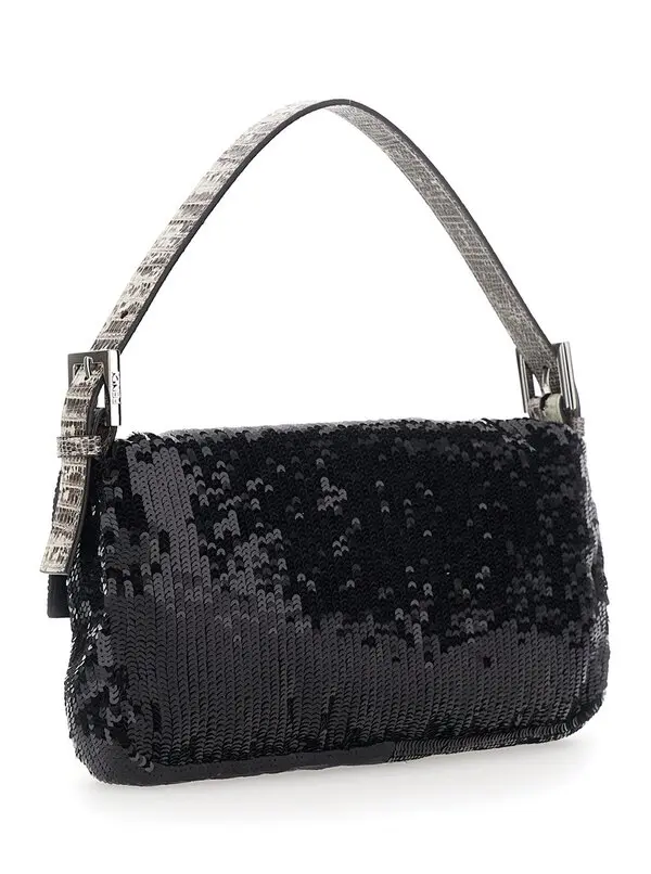 Fendi Black Shoulder Bag With All-over Sequins And Ff Plate On The Front In Tech Fabric For - Multicolor
