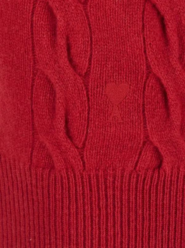 AMI Paris Red Crew-neck Sweater With Cable-knit And Tone-on-tone Adc Embroidery On The Front In Wool For - Multicolor