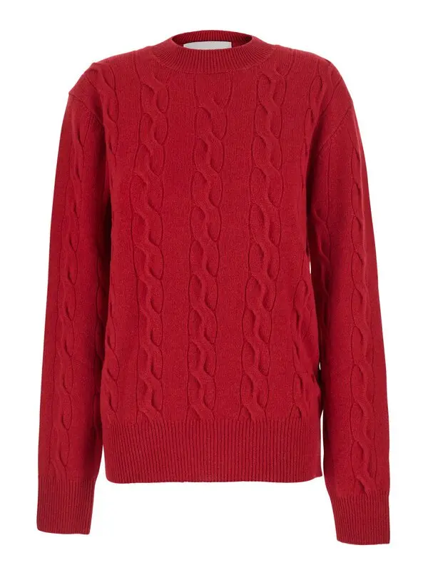 AMI Paris Red Crew-neck Sweater With Cable-knit And Tone-on-tone Adc Embroidery On The Front In Wool For - Multicolor