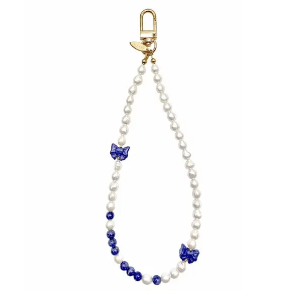 FARRA Freshwater Pearl With Lapis Bow Phone Strap - Blue