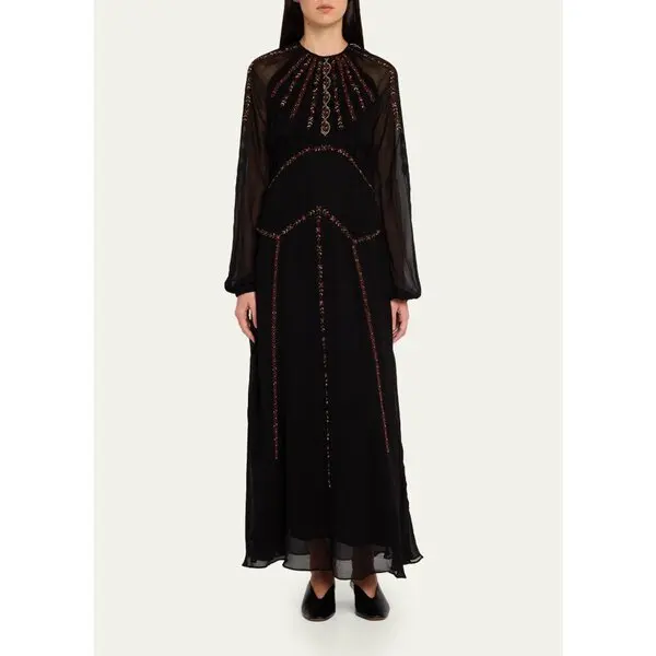 Veronica Beard Sylvette Embroidered Blouson-sleeve Maxi Dress
