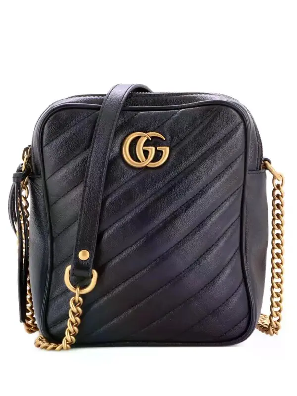 Gucci Gg Marmont Double Zip Camera Bag Diagonal Quilted Leather Mini Crossbody Bag - Black