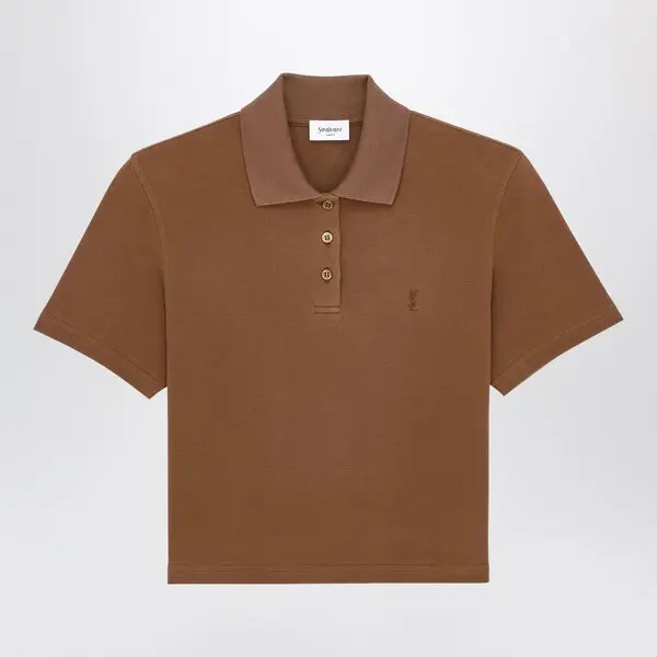 Saint Laurent Caramel Cropped Cotton Piqué Polo Shirt With Tonal Logo - Brown