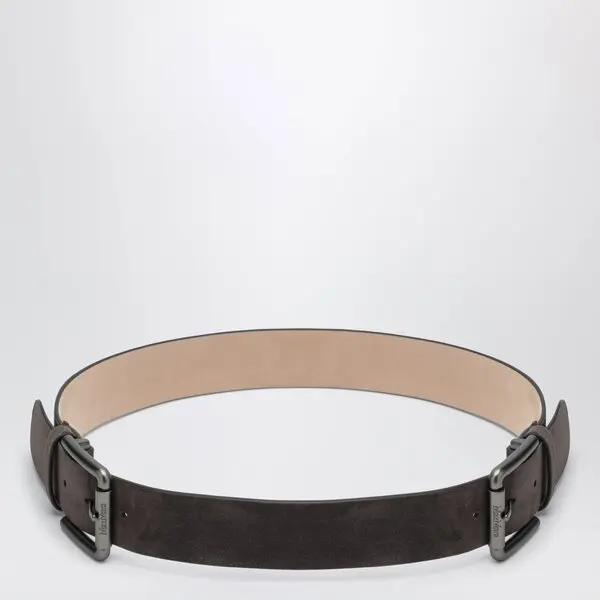 Max Mara Studded Suede Calfskin Belt With Double Metal Pin Buckle - Brown