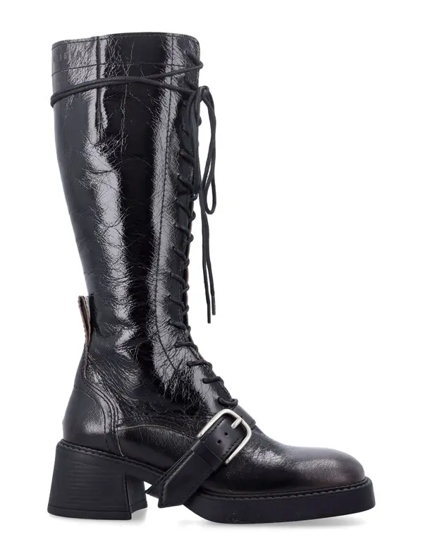 MIISTA Lace-up Knee-high Boot With Buckle Strap - Nero