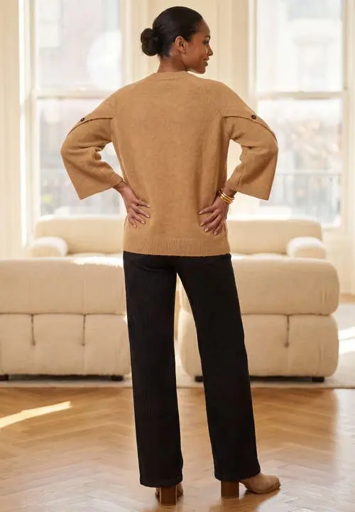 JESSICA LONDON Button Cuff Bell Sleeve Sweater - Soft Camel