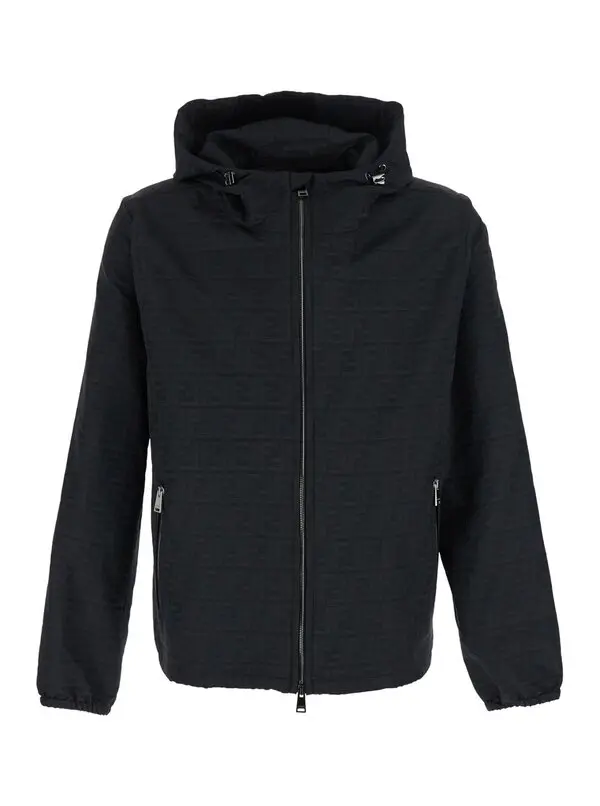 Fendi Black Jacket With Drawstring Hood And All-over Ff Motif In Tech Fabric For - Multicolor