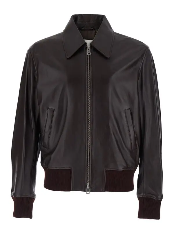 AMI Paris Brown Jacket With Classic Collar And Elasticated Trims In Leather For