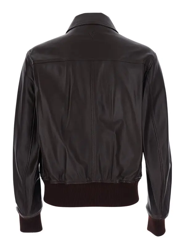 AMI Paris Brown Jacket With Classic Collar And Elasticated Trims In Leather For