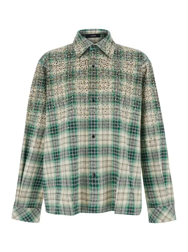 Amiri Green Shirt With Crystal Decoration And All-over Check Motif In Cotton For - Multicolor