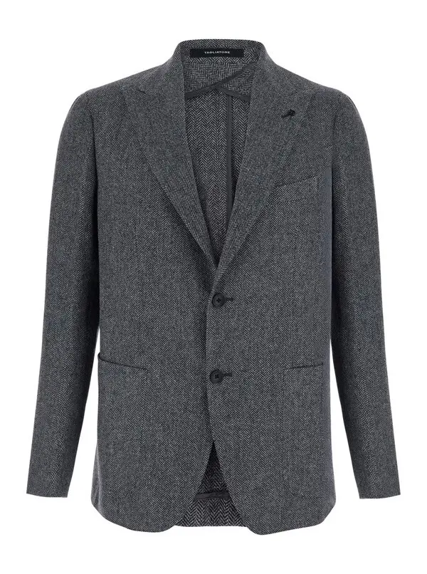 Tagliatore Grey Single-breasted Jacket With Peak Revers And Herringbone Motif In Wool For - Gray