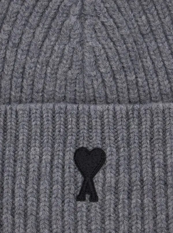 AMI Paris Grey Beanie With Adc Embroidery On The Front In Wool For