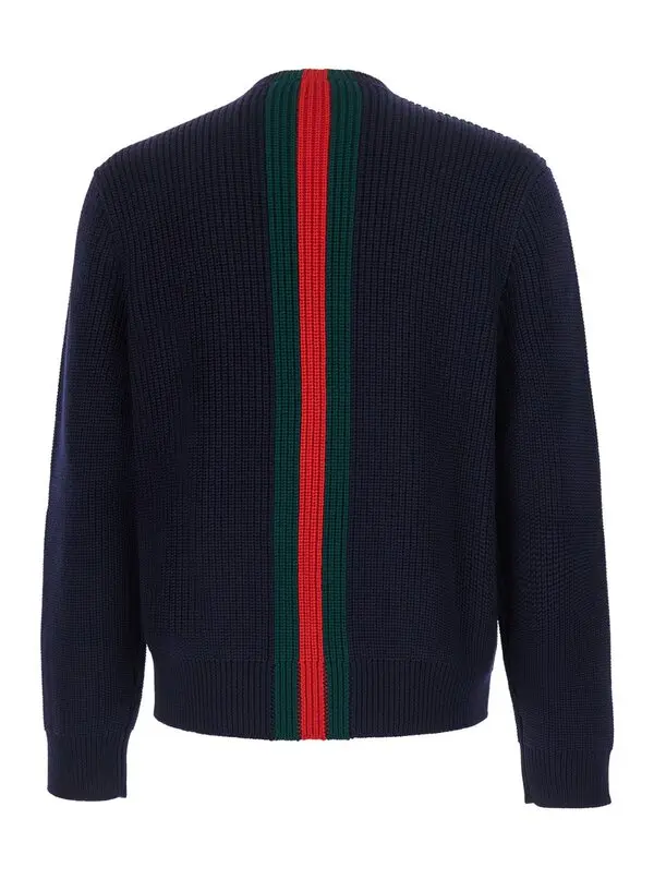 Gucci Blue Ribbed Sweater With Web Stripe On The Front And Back In Wool For
