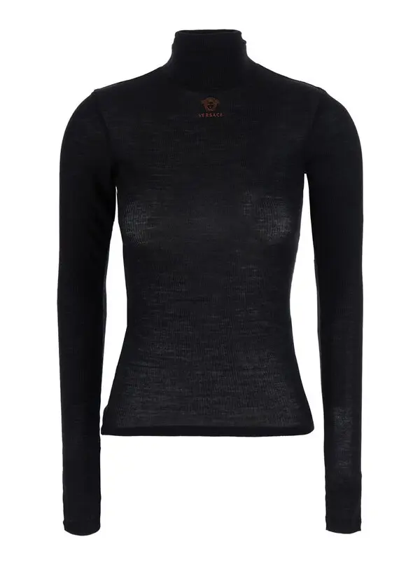 Versace Black High-neck Top With Embroidered Medusa Logo On The Front In Wool For - Multicolor