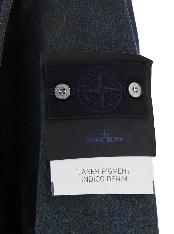 Stone Island Blue Jacket With Classic Collar And Logo Patch On The Sleeve In Denim For