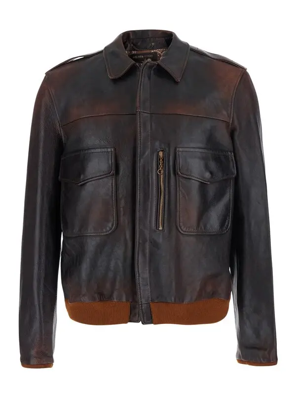 GOLDEN GOOSE Brown Jacket With Classic Collar And Ribbed Trims In Leather For