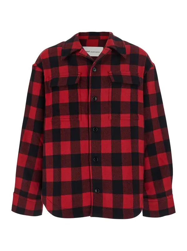 AMI Paris Red Shirt With Cuban Collar And All-over Check Motif In Wool For - Multicolor