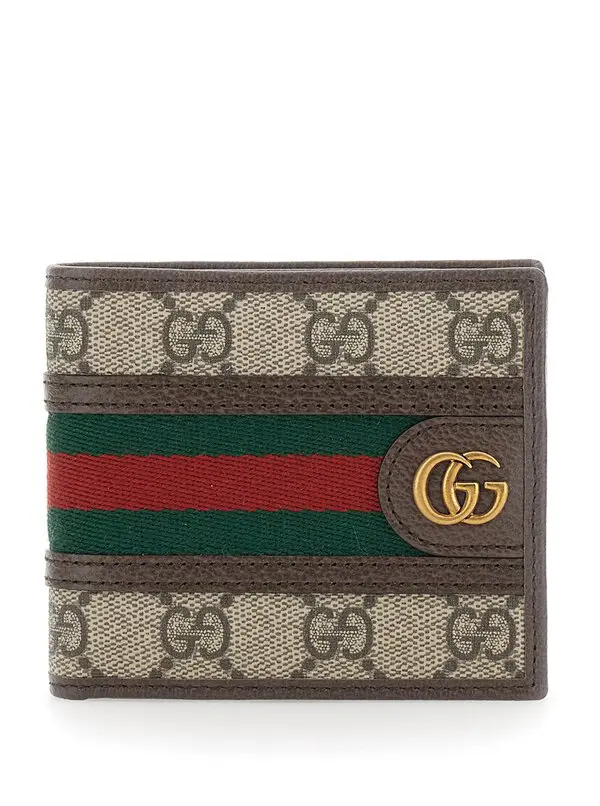 Gucci Ophidia Beige Bi-fold Wallet With Gg Plate On The Front And Web Stripe In Leather And Gg Canvas For - Multicolor
