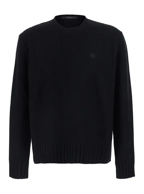 Gucci Black Crewneck Sweater With Gg Logo Embroidered On The Front In Wool And Cashmere - Multicolor