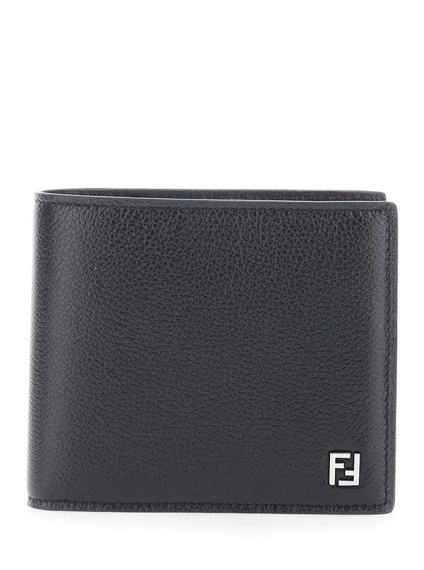 Fendi Bi-fold Wallet With Ff Logo Plaque In Leather - Black