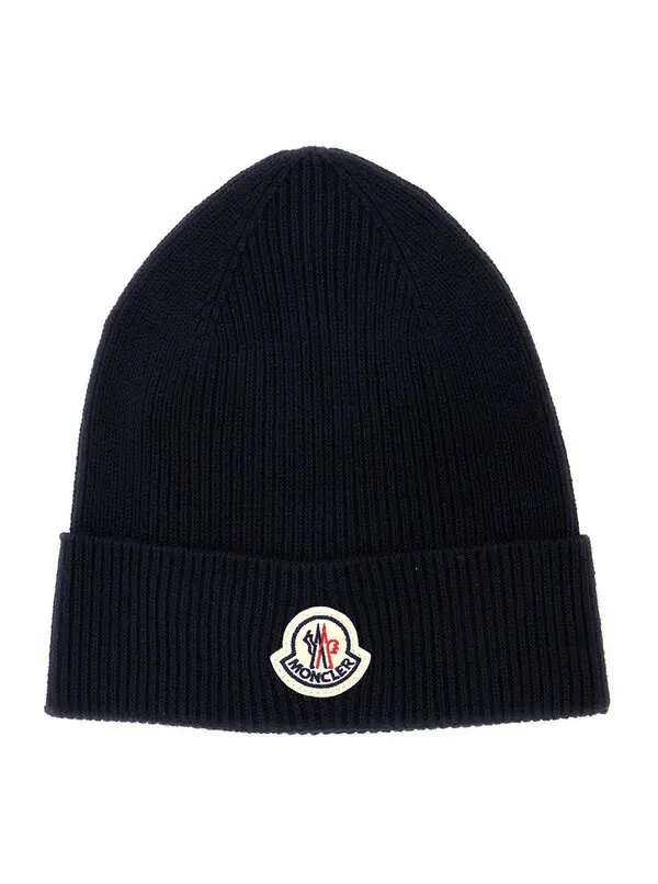 Moncler Blue Beanie With Ribbed Trim And Logo Patch On The Front In Wool Blend For - Multicolor