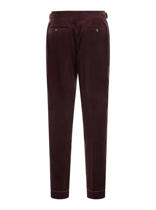 Brunello Cucinelli Bordeaux Pants With Offset Buckle Closure And Belt In Corduroy For