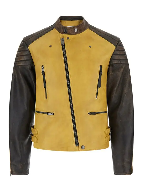 Fendi Yellow Jacket With Shoulder Reinforcements And Adjustable Side Straps In Leather For - Multicolor