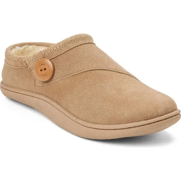 Clarks Suede Clog With Embroid & Wood Button Slippers - Doe