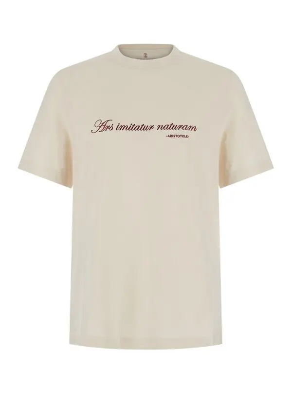 Brunello Cucinelli White T-shirt With Embroidery On The Front And Logo Lettering On The Back In Cotton For