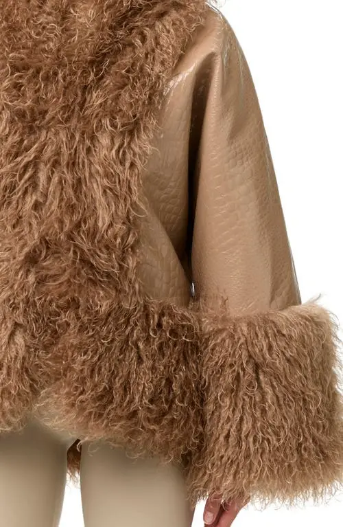 Naked Wardrobe Croc Embossed Faux Leather & Faux Fur Cocoon Coat