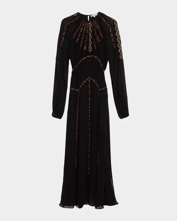 Veronica Beard Sylvette Embroidered Blouson-sleeve Maxi Dress - Black