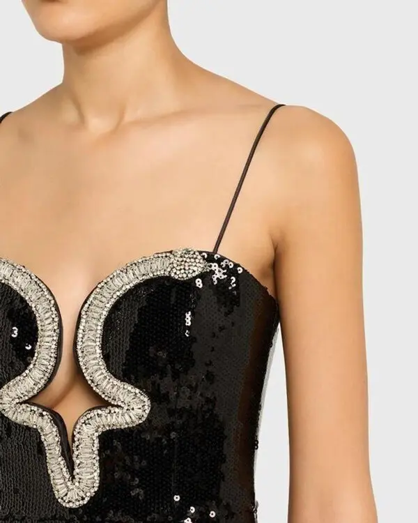 Rebecca Vallance Lyra Plunging Diamante Snake-trim Sequin Gown - Black