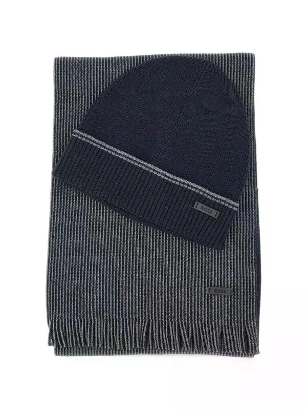 BOSS Ribbed Hat And Striped Scarf Set