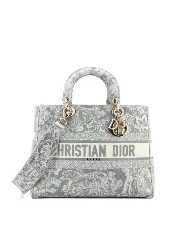 Dior Lady D-lite Bag Embroidered Canvas Large Tote Bag - Grey