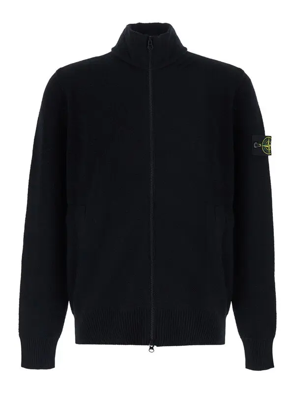 Stone Island Black Sweater With High Collar And Logo Patch On The Sleeve In Virgin Wool For - Multicolor
