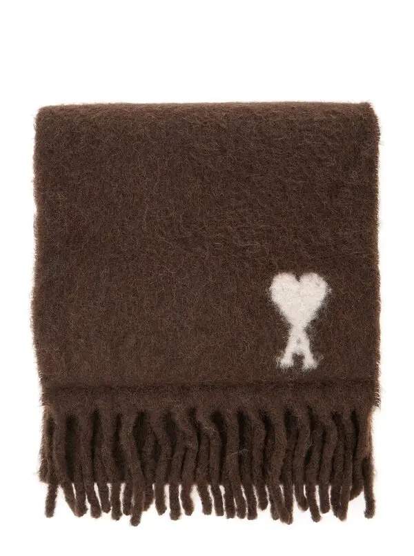 AMI Paris Brown Fringed Scarf With Adc Embroidery On The Front In Alpaca For - Multicolor