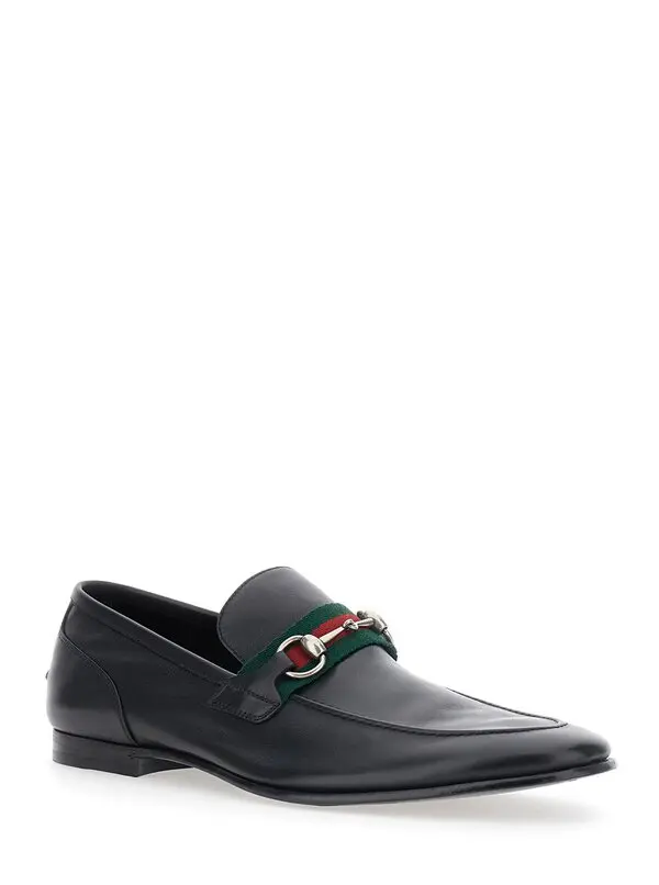 Gucci Como' Black Loafers With Web Stripe And Horsebit In Leather For