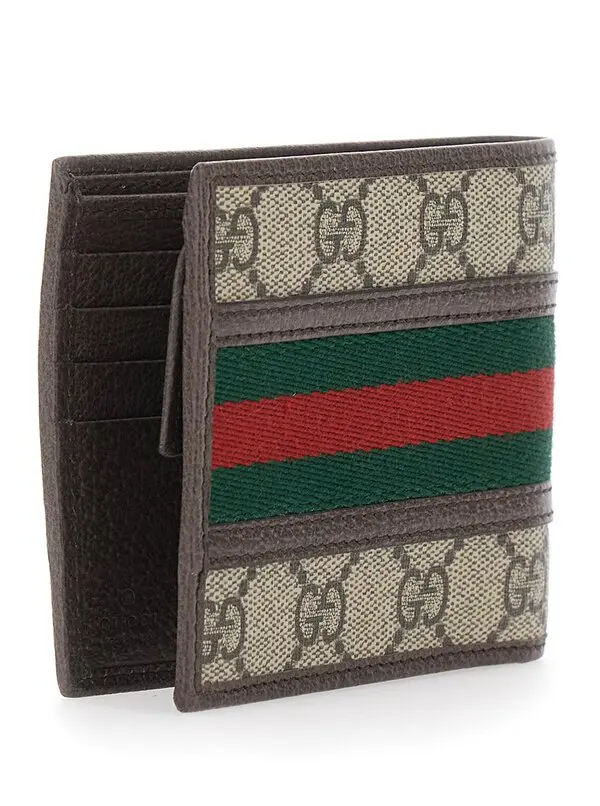 Gucci Ophidia' Bi-fold Wallet With Gg Plaque On The Front And Web Stripe In Leather And Gg Canvas