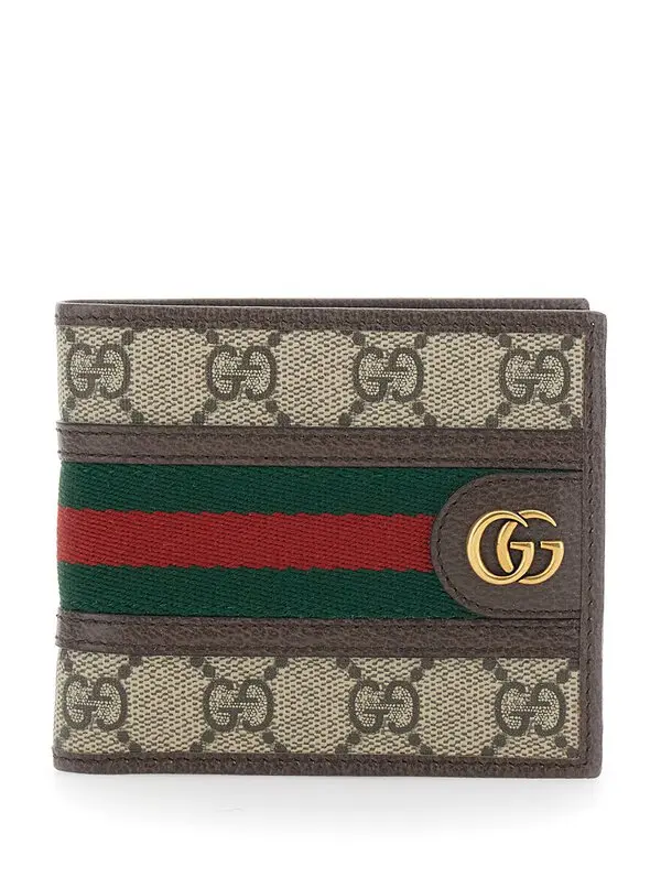 Gucci Ophidia' Bi-fold Wallet With Gg Plaque On The Front And Web Stripe In Leather And Gg Canvas - Multicolor