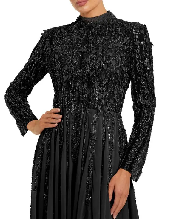 Mac Duggal Petite Long Sleeve High Neck Embellished Satin Gown