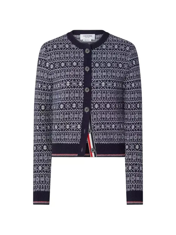 Thom Browne Merino Wool Jacquard Snowflake Cardigan - Blue