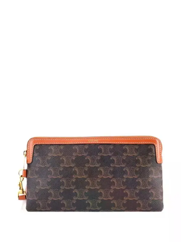 Celine Zip Wristlet Triomphe Coated Canvas Pouch - Brown