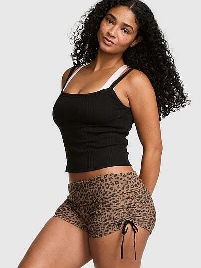 Pink Waﬄe Knit Foldover Shorts - Print