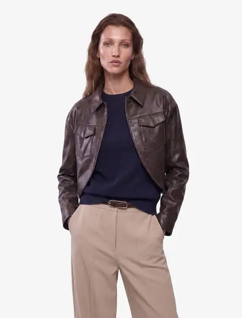 Koton Long Sleeve Pointed Collar Cropped Asymmetric Faux Leather Jacket