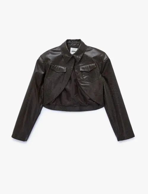 Koton Long Sleeve Pointed Collar Cropped Asymmetric Faux Leather Jacket
