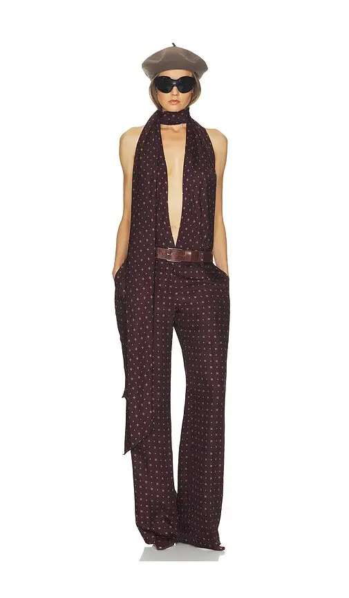 HELSA Scarf Halter Jumpsuit In Tie Print In Burgundy - Plum Multi
