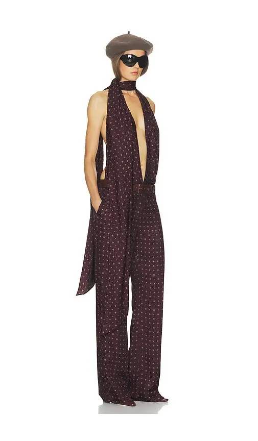 HELSA Scarf Halter Jumpsuit In Tie Print In Burgundy